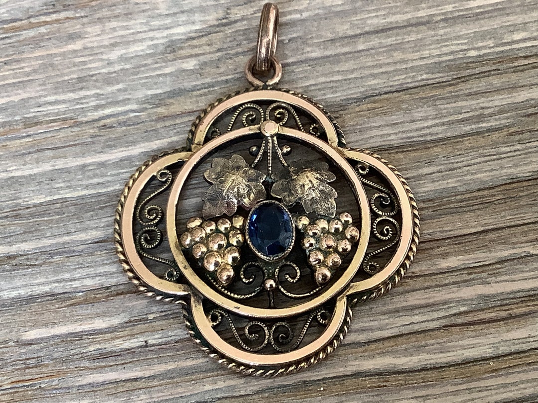 H29 Antique Gold Filled Pendant W/ Grapes and Blue Topaz - Etsy