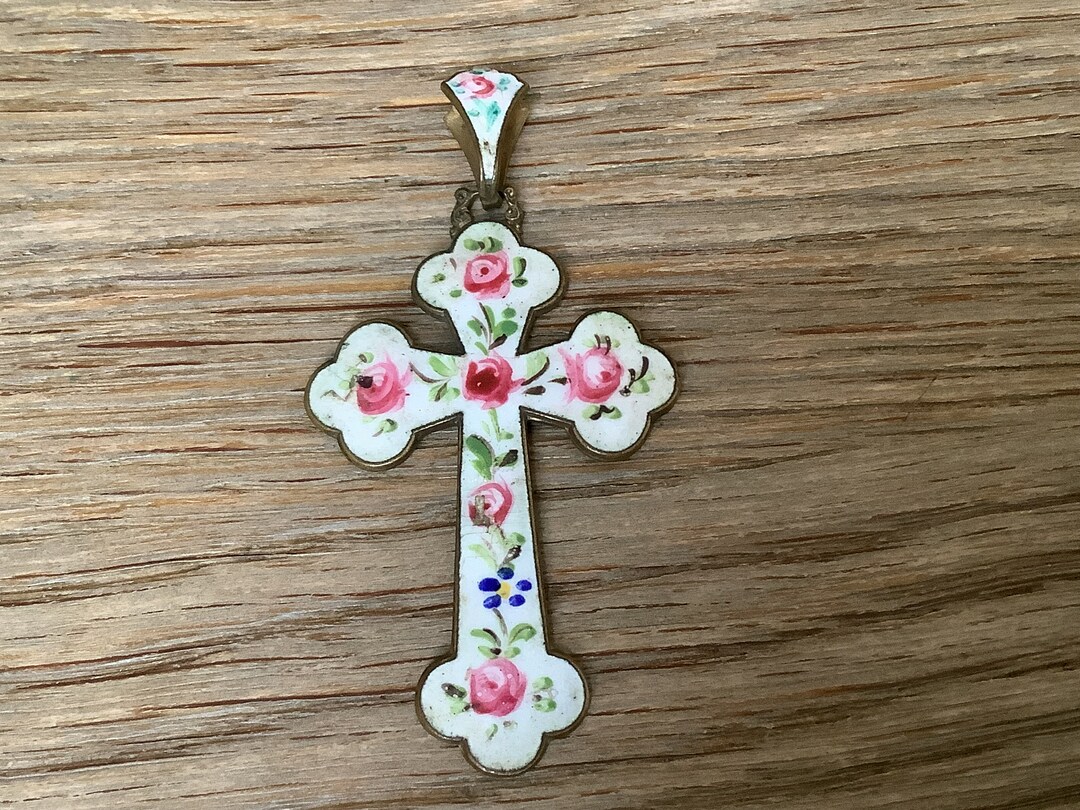 H92 Antique Enamel Cross With Roses - Etsy
