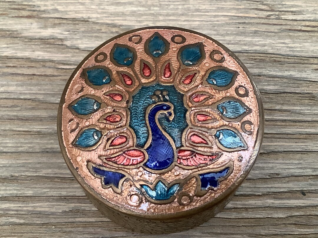 H60 Antique Brass Box W/ Cloisonné Enamel Peacock - Etsy