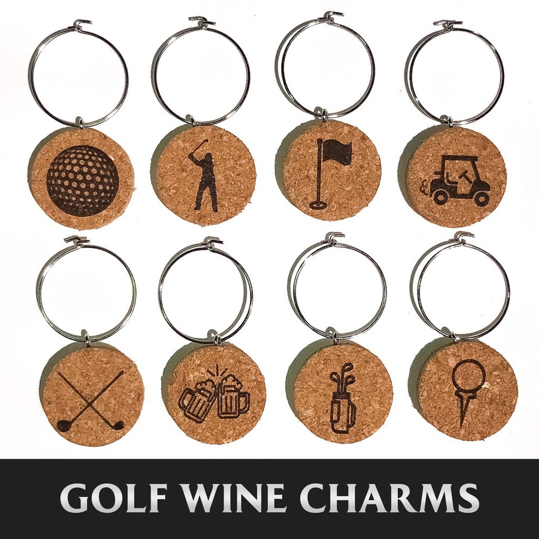 Golfers Wine Charm Set - Golf Theme (set of 8) Cork Wine Glass Charms ...