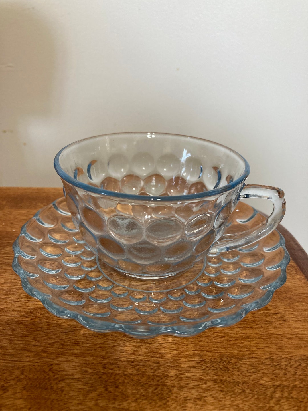 Vintage Anchor Hocking Blue Bubble Glass Teacup and Saucer - Etsy
