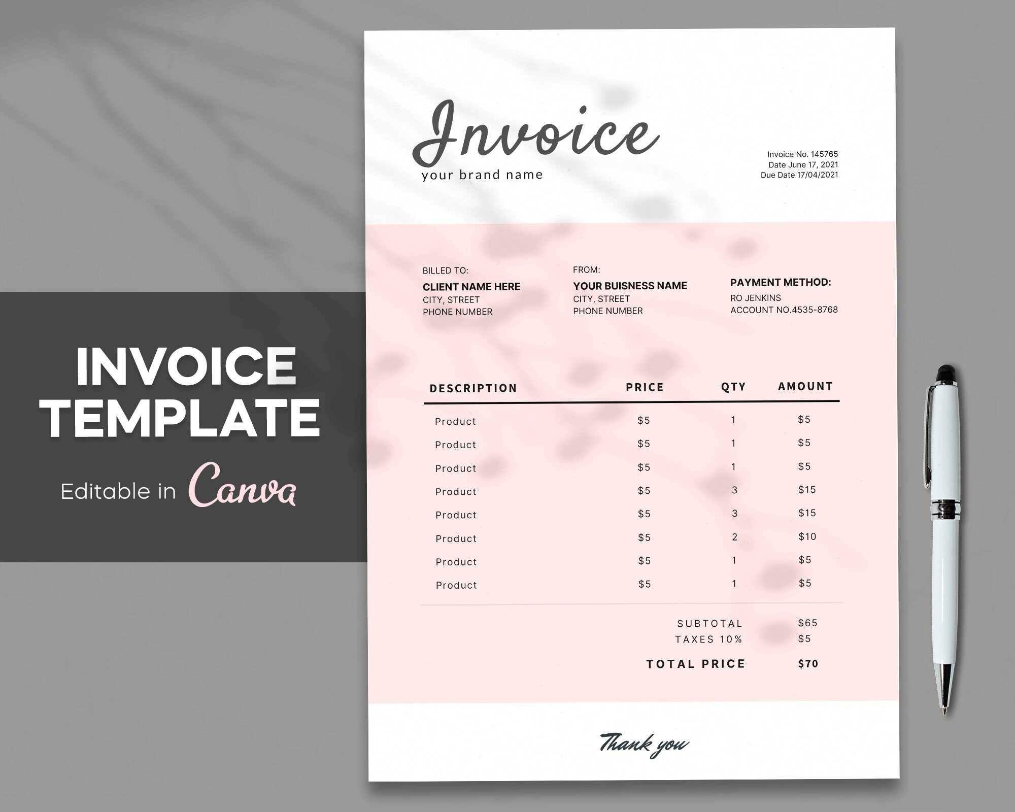 Pink INVOICE Template Editable In Canva Craft Printable Order Etsy