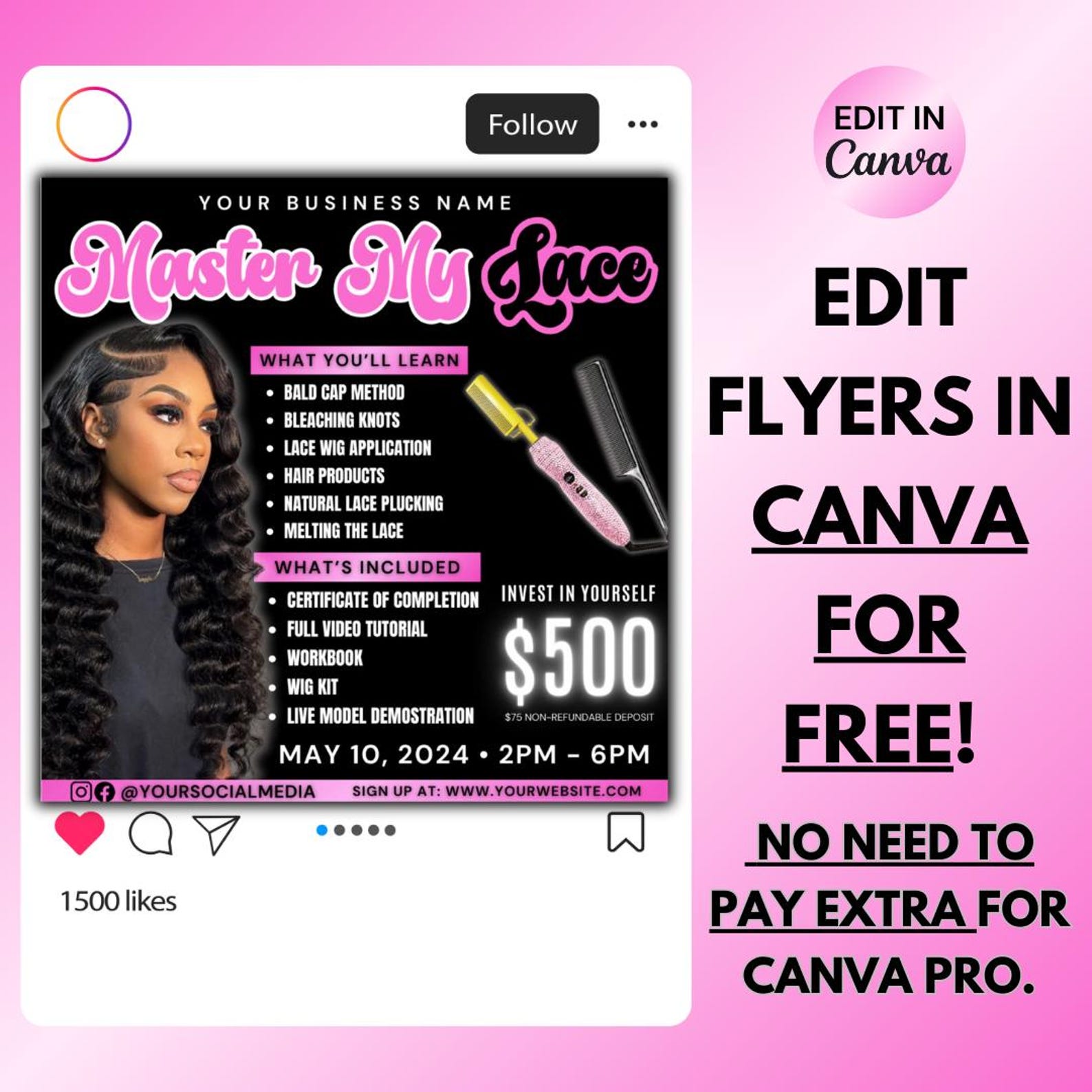 Wig Class Flyer, Hairstylist Masterclass Flyer, Lace Melting Course ...