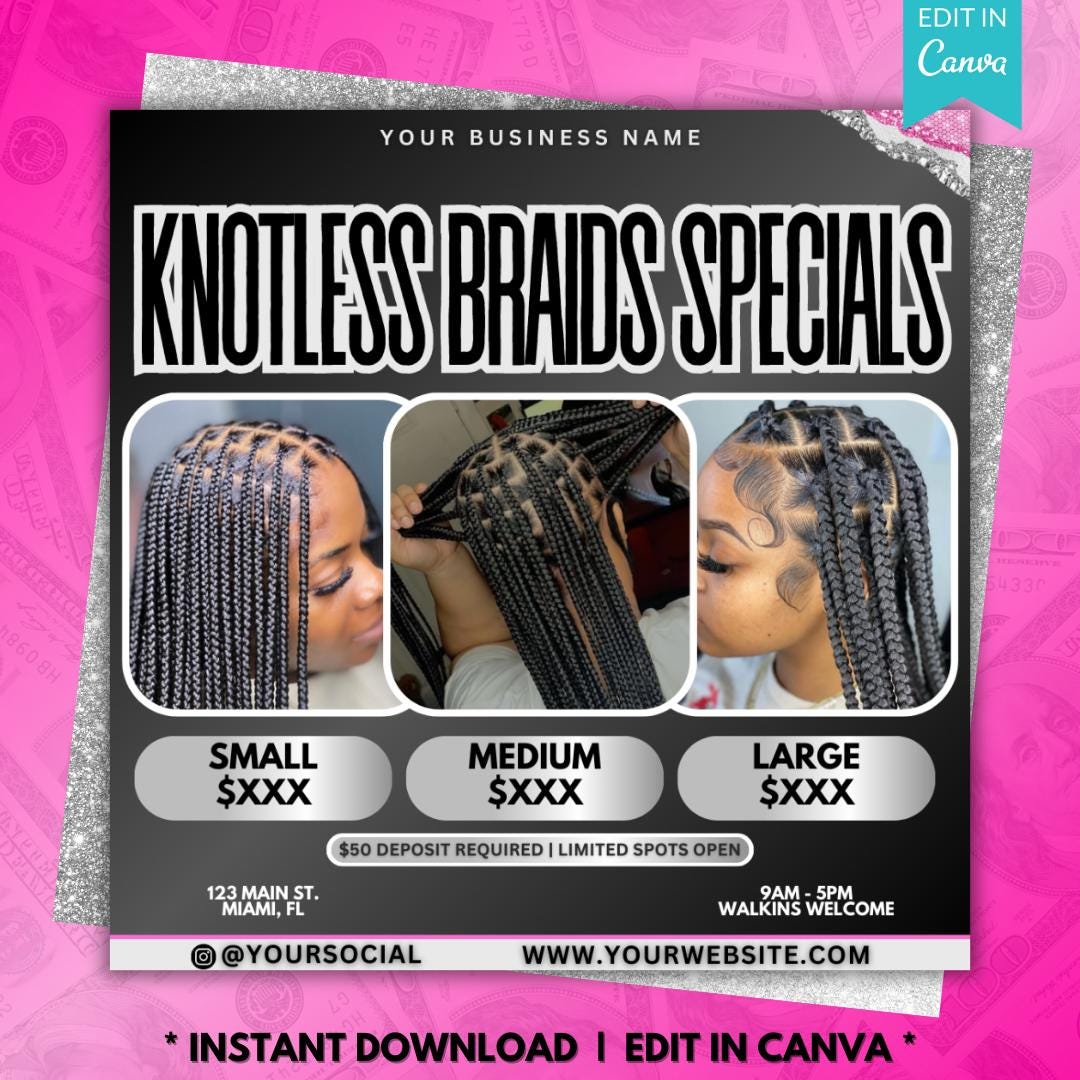 Braid Flyer, Braid Salon Flyer, Knotless Braids Specials, Braider ...