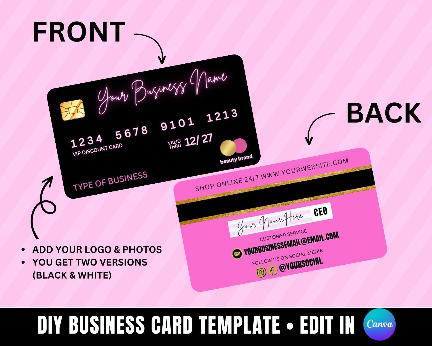 Credit Card Styled Business Card Template, Pink PVC Card, DIY Business ...