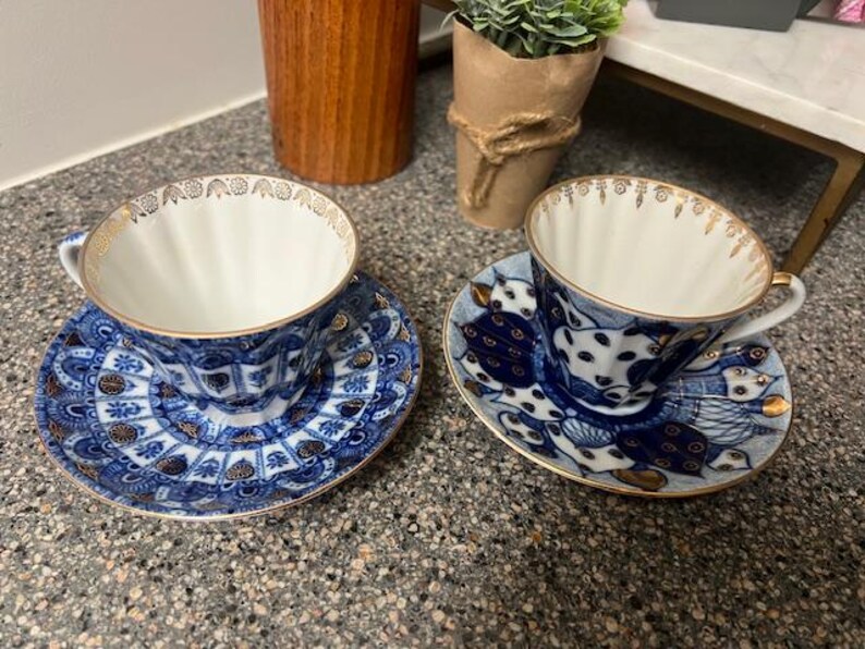 Russian Lomonosov Imperial Cobalt Blue Porcelain Tea Cup and Saucer Set ...