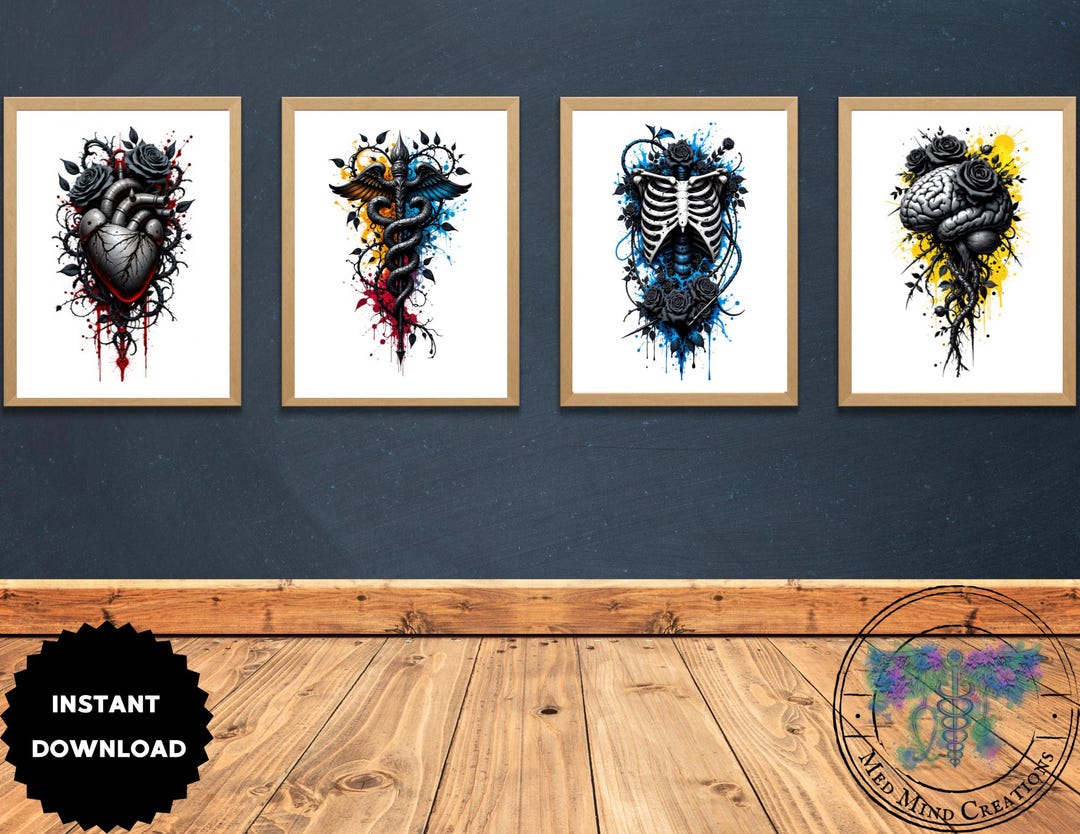 Gothic Medical Wall Art Set of 4 | Anatomical Heart, Brain, Ribcage ...