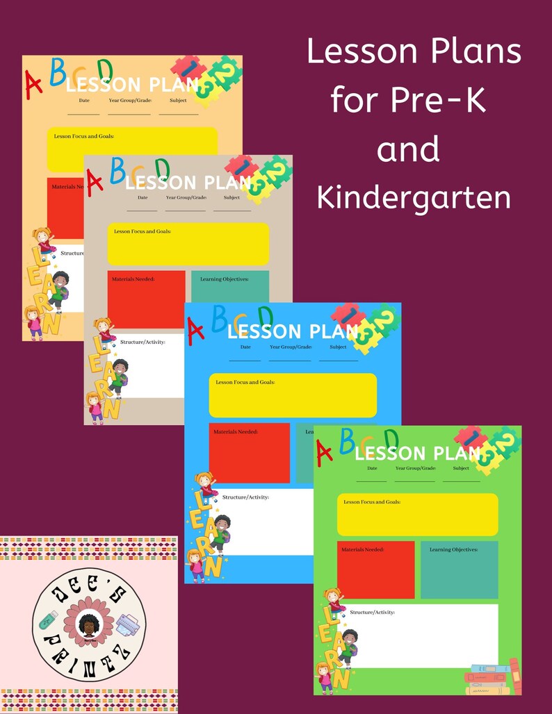 Lesson Plan Templates for Home School; Pre-k and Kindergarten; Instant ...
