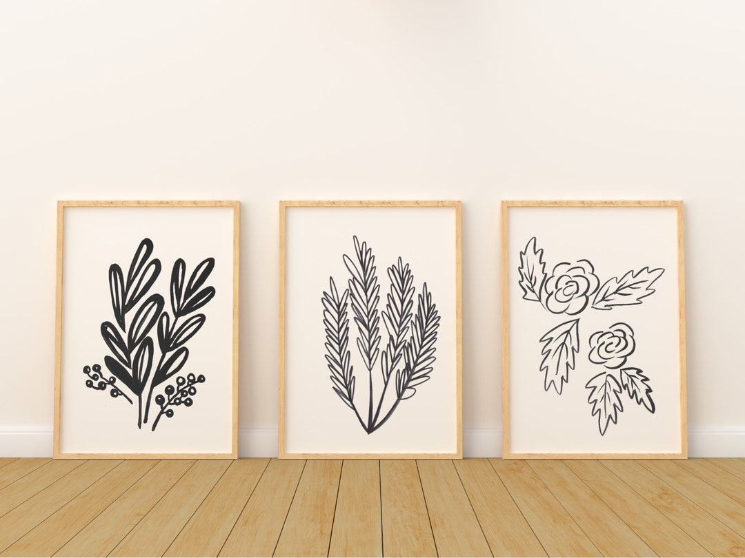 Set of 3 Line Leaf Drawing, Botanical Printable, Leaves Wall Art, Plant ...