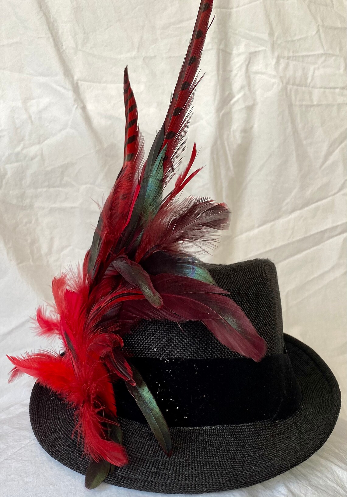 Black Fedora with red and black feathers | Etsy