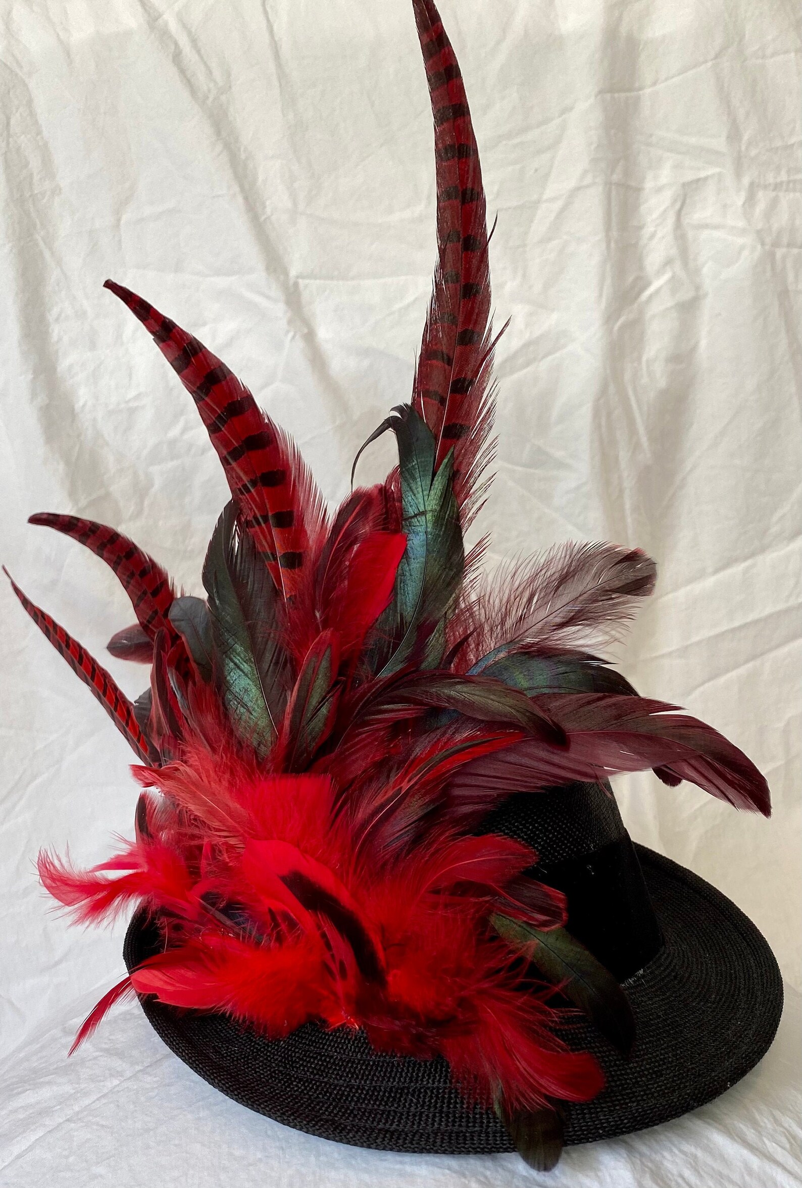 Black Fedora With Red and Black Feathers - Etsy