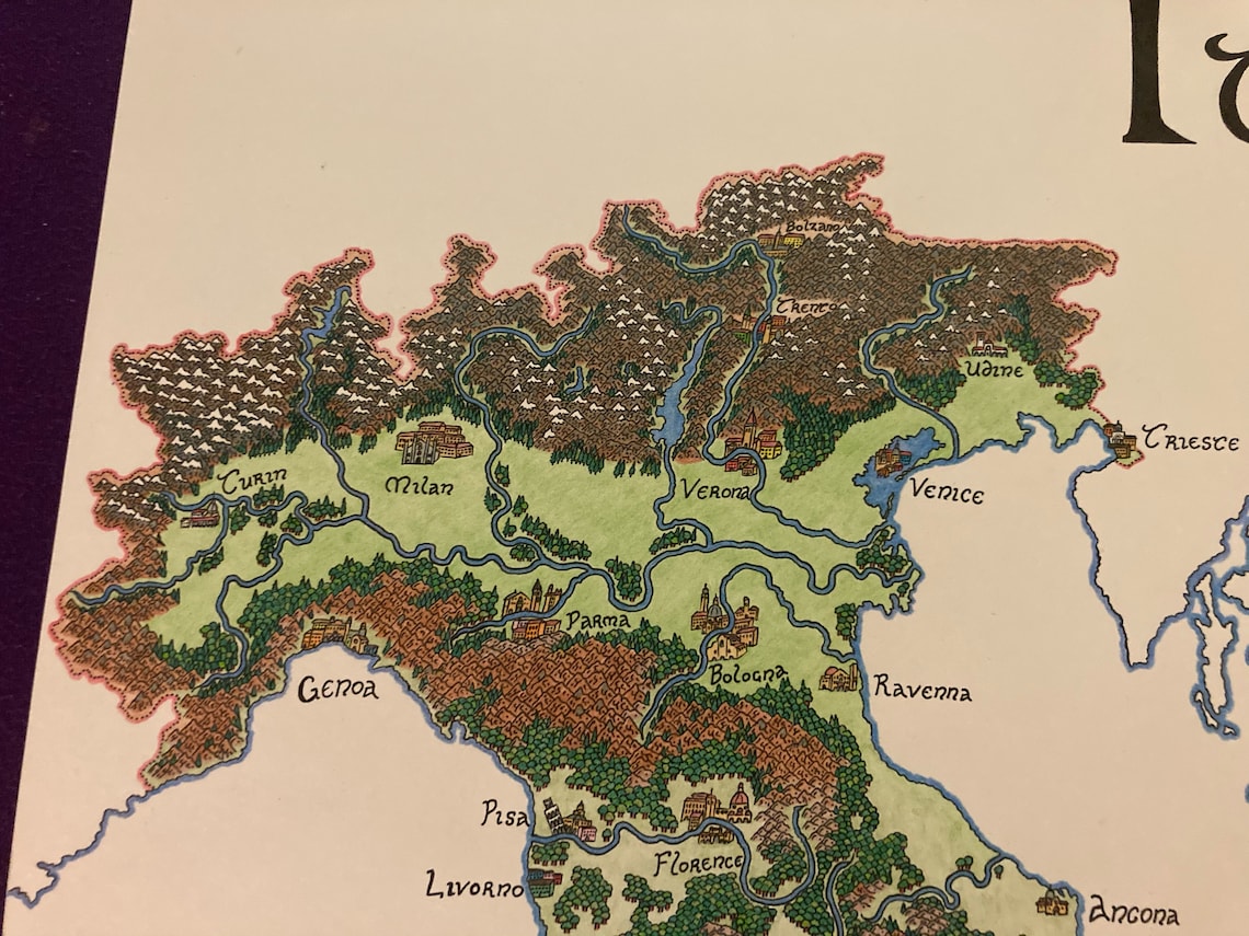Hand Drawn Fantasy-style Map of Italy Colored - Etsy UK