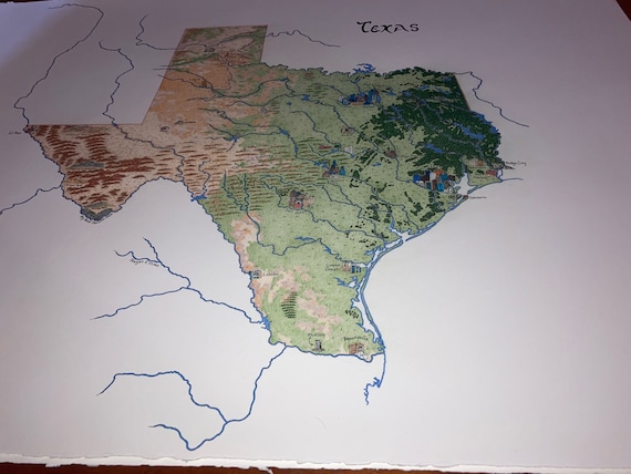 Drawing & Illustration Pen & Ink Fantasy-Style Map of Texas Art ...