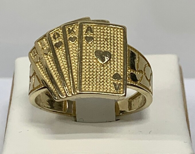 Mens Real Solid Gold Poker Cards Ring Luck Ring Playing Card Ring Royal ...