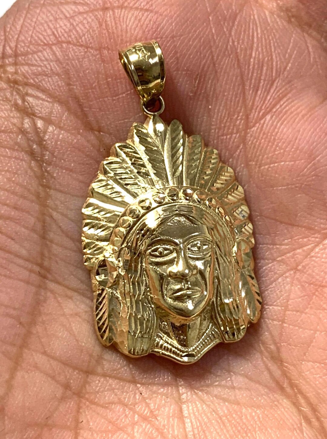 10K Gold Indian Chief Head Pendant 10 Karat Infantry Native American 10 ...