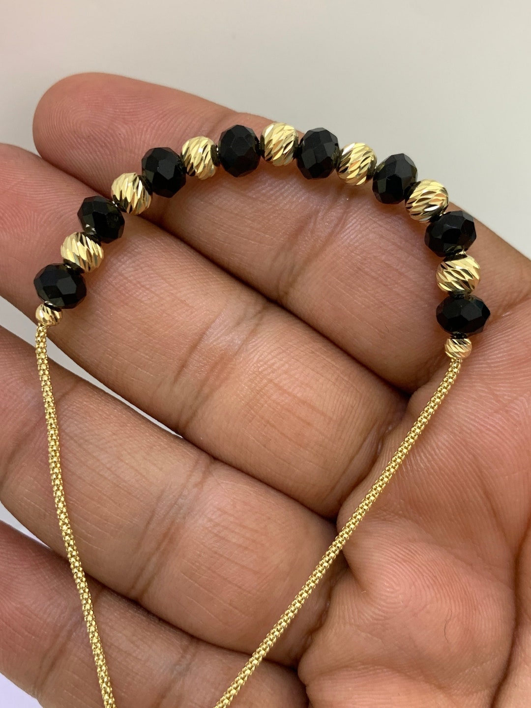 14 Karat Real Gold Bead Bracelet Round Adjustable for Kids and Men and ...
