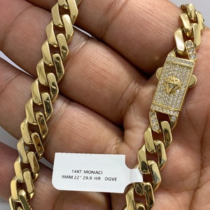 14k Solid Gold Monaco Link Chain With CZ Lock Mens Necklace and ...