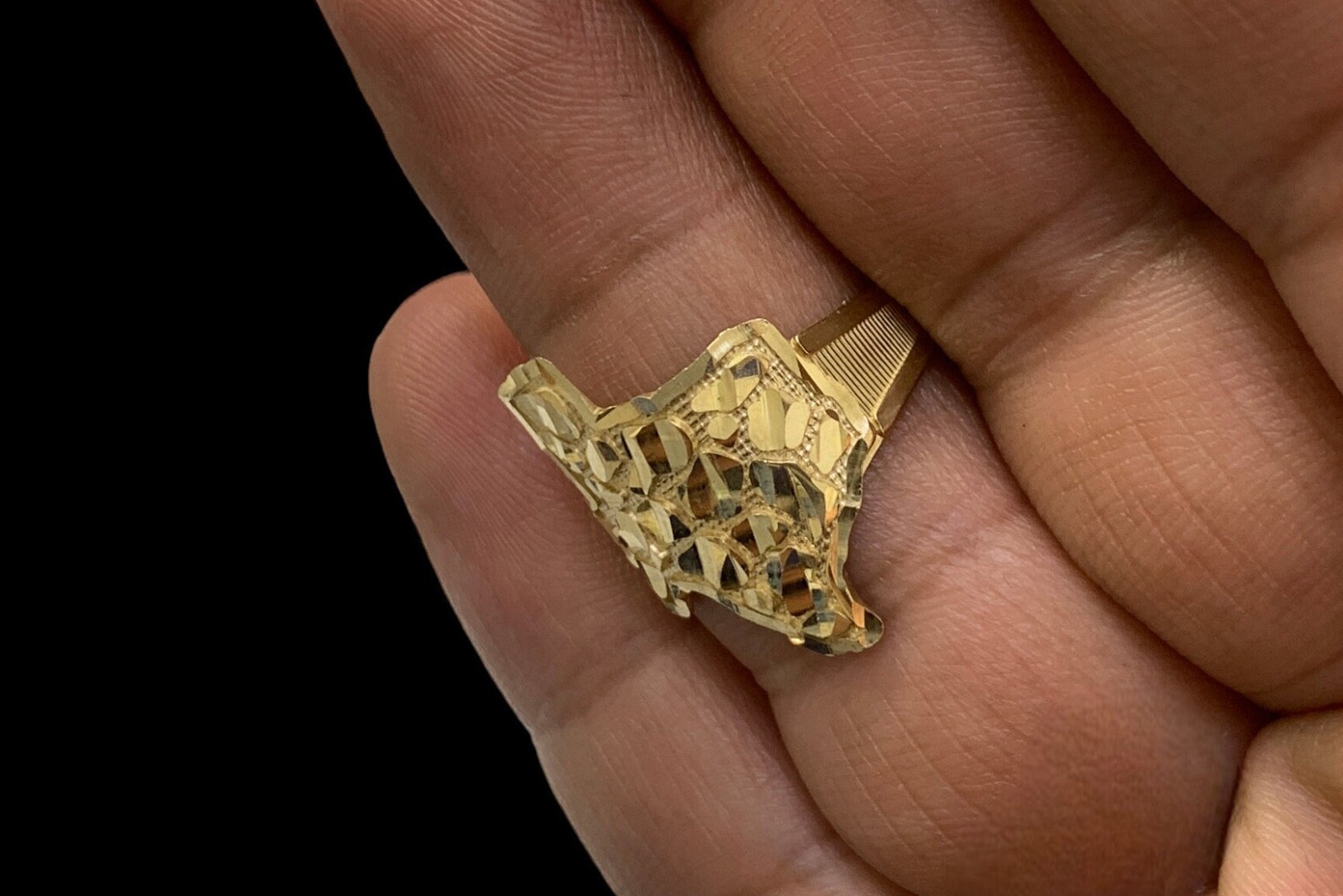 10K Solid Yellow Gold Nugget Texas Map State Shape Ring Diamond Cut for ...