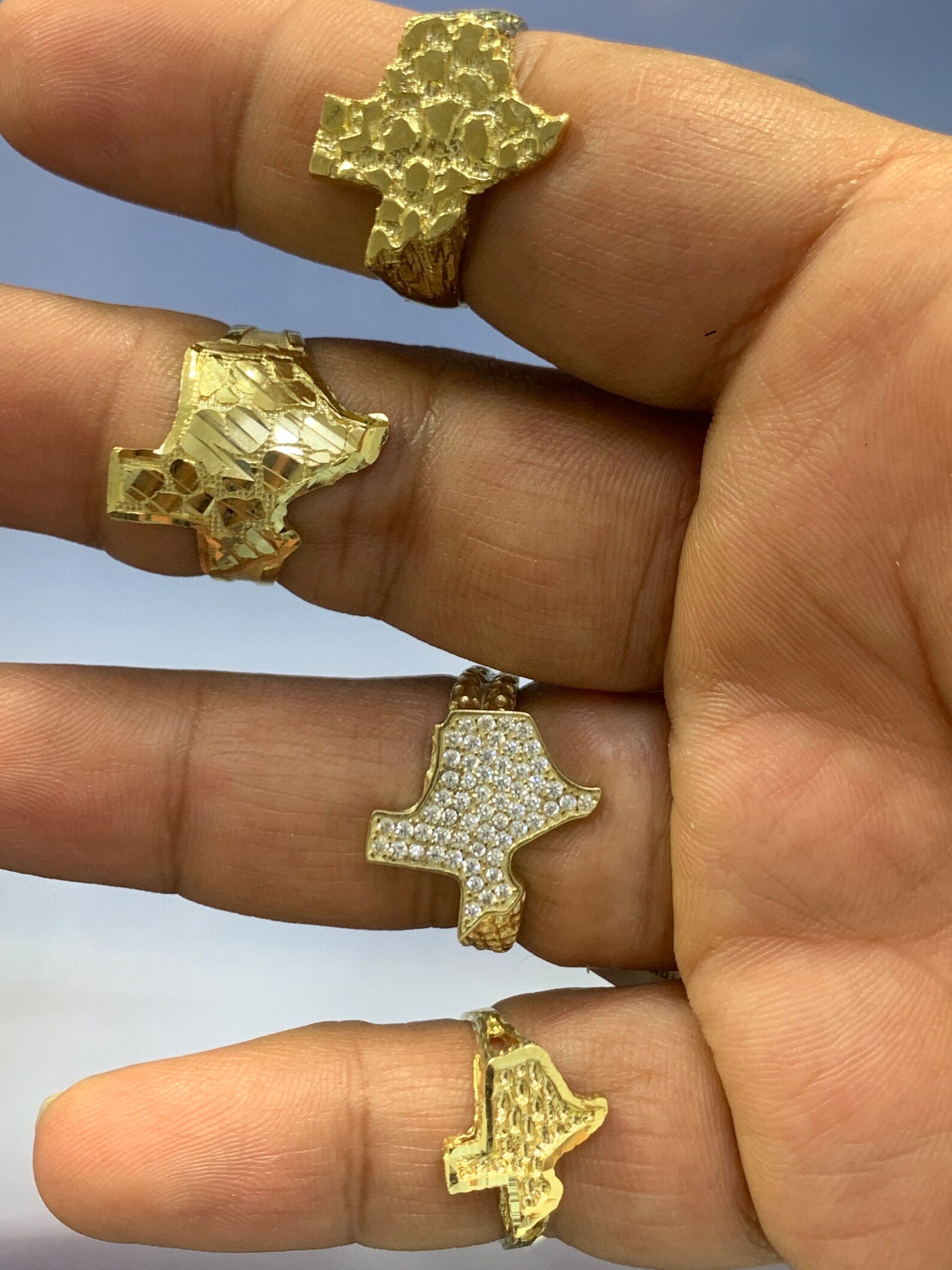 10K Solid Yellow Gold Nugget Texas Map State Shape Ring Diamond Cut for ...