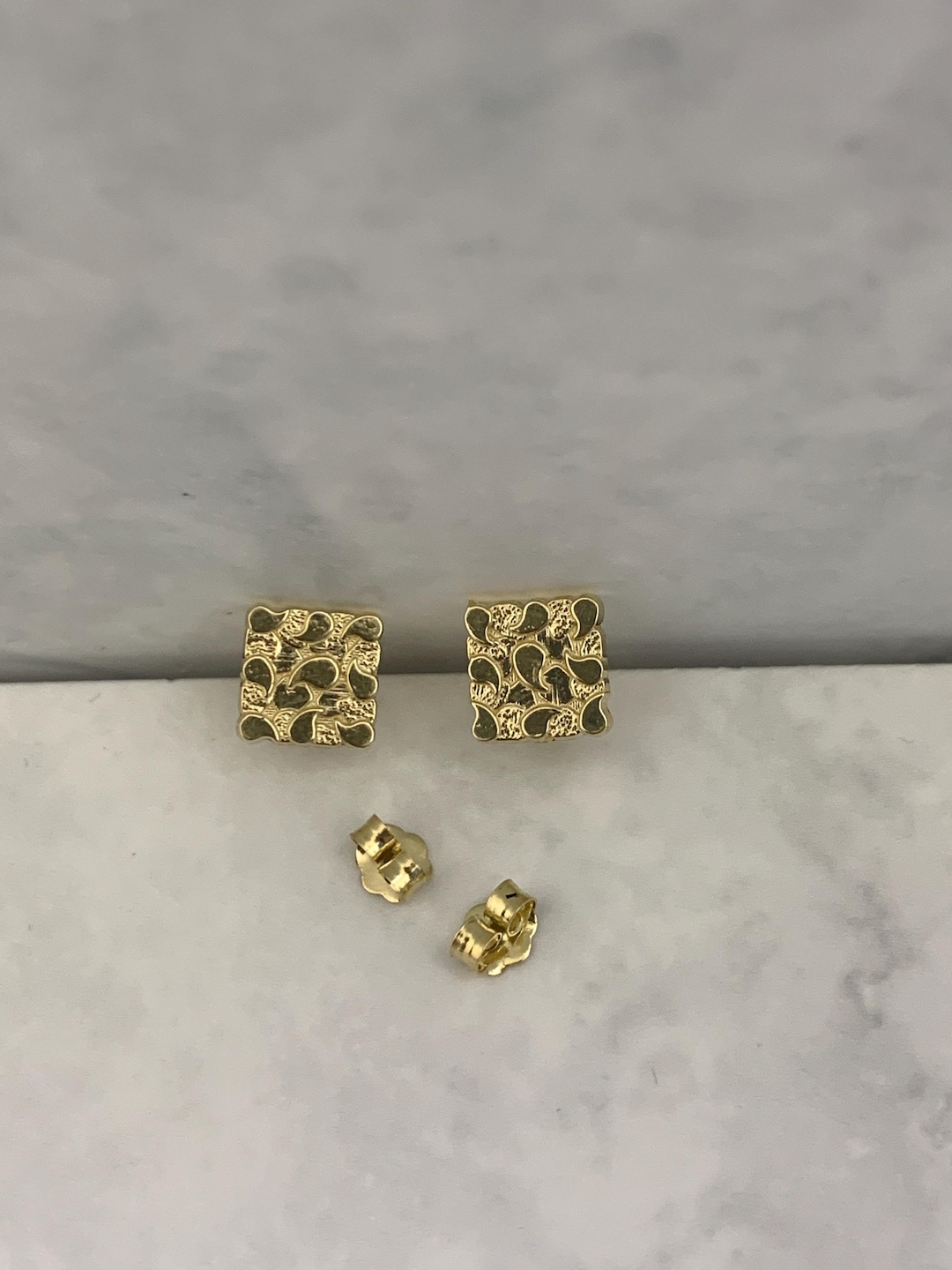 10K Solid Yellow Gold Square Nugget Shape Style Earrings/studs for Men ...