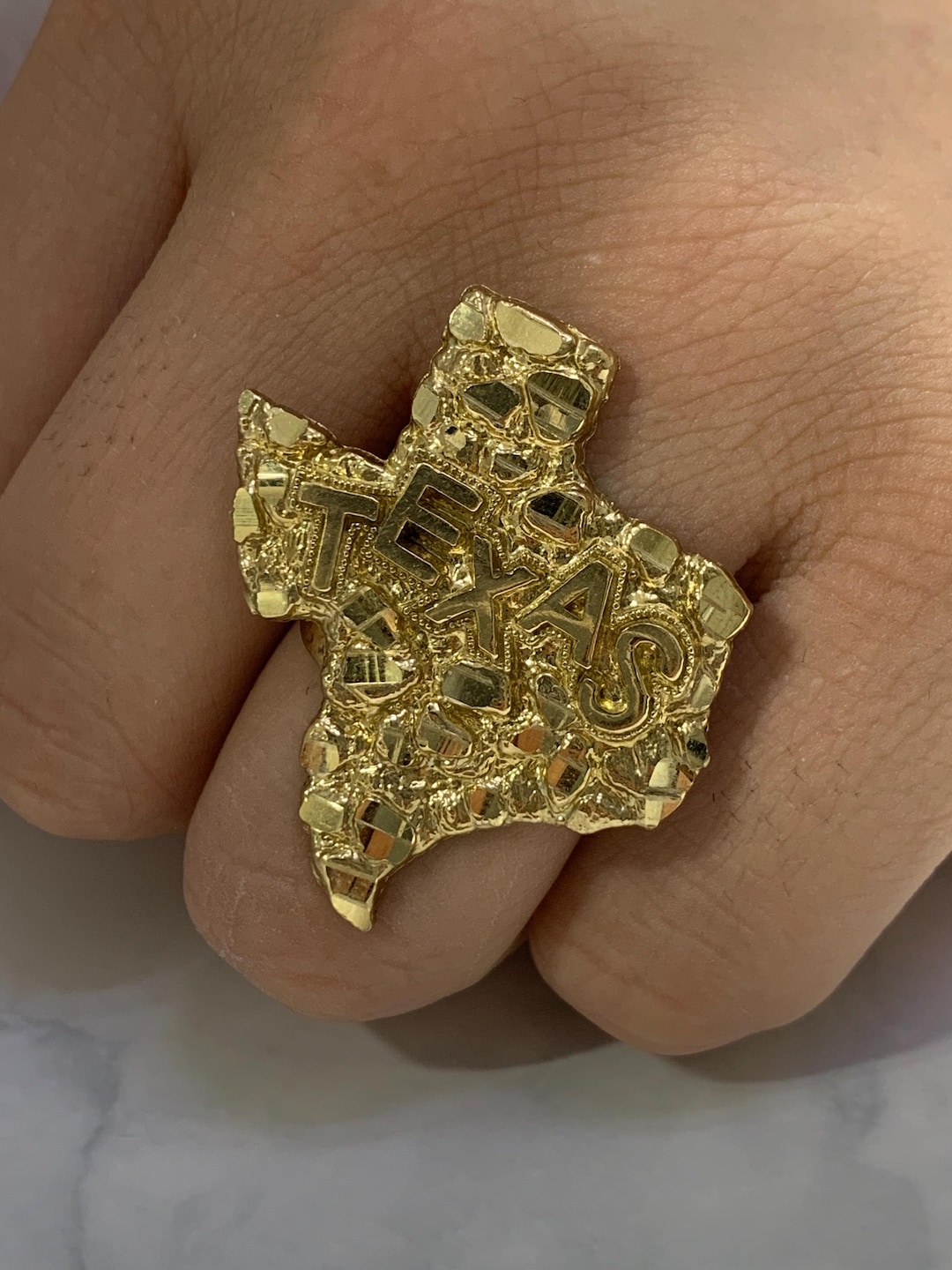 10K Solid Yellow Gold TEXAS Map Nugget Ring Diamond Cut for Mens and ...