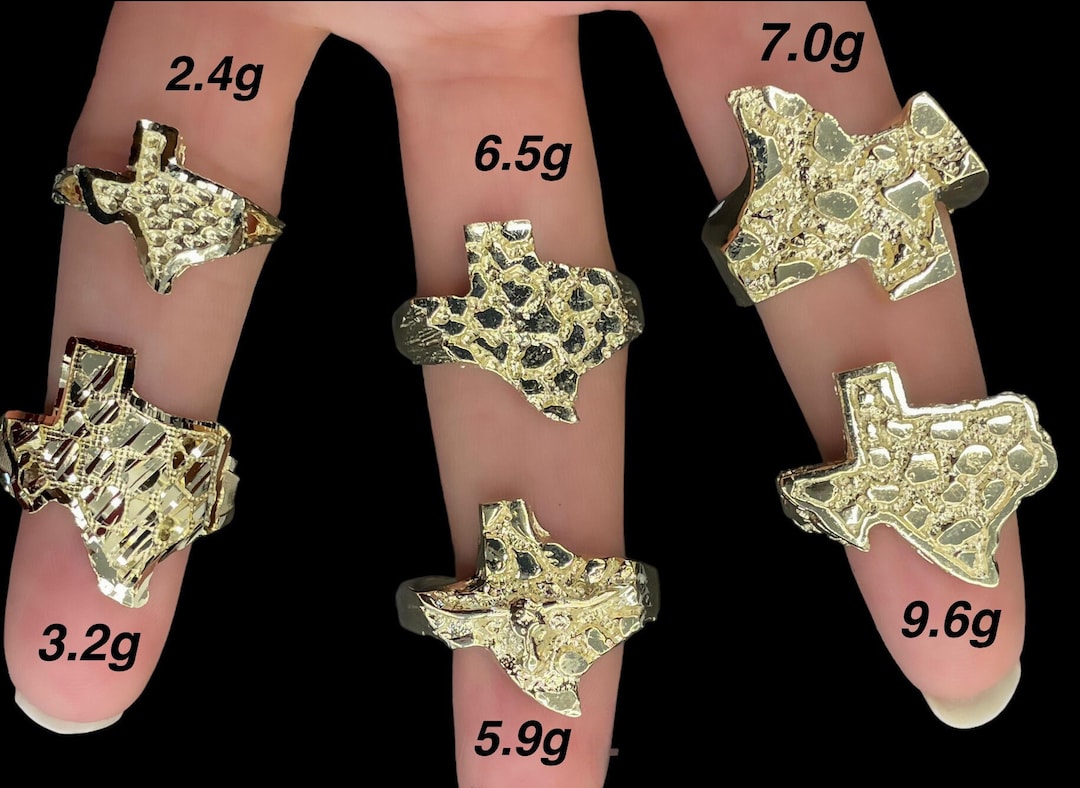 10K Solid Yellow Gold Nugget Texas Map State Shape Ring Diamond Cut for ...