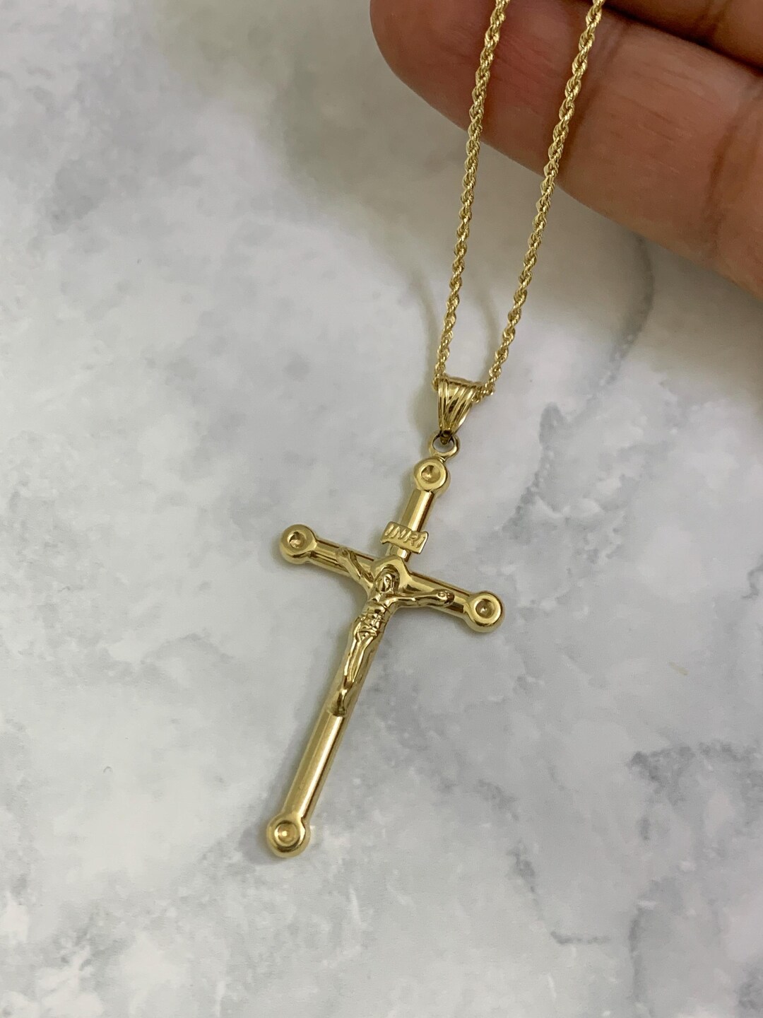 10K Solid Yellow Gold Jesus Christ Crucifix Cross Pendant With Rope ...