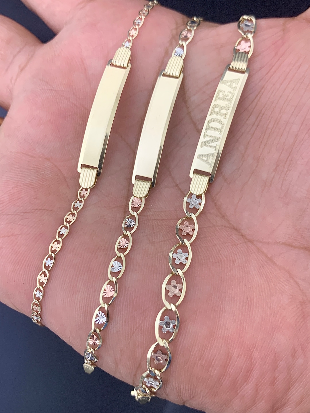 10K Real Solid Gold Baby Kids Girls Flower Heart ID Esclava 10 Karat ...