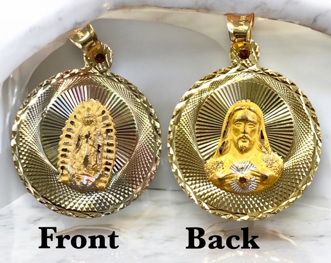 14 Karat Real Solid Gold Round Yellow Mother Virgin Mary and Jesus Face ...