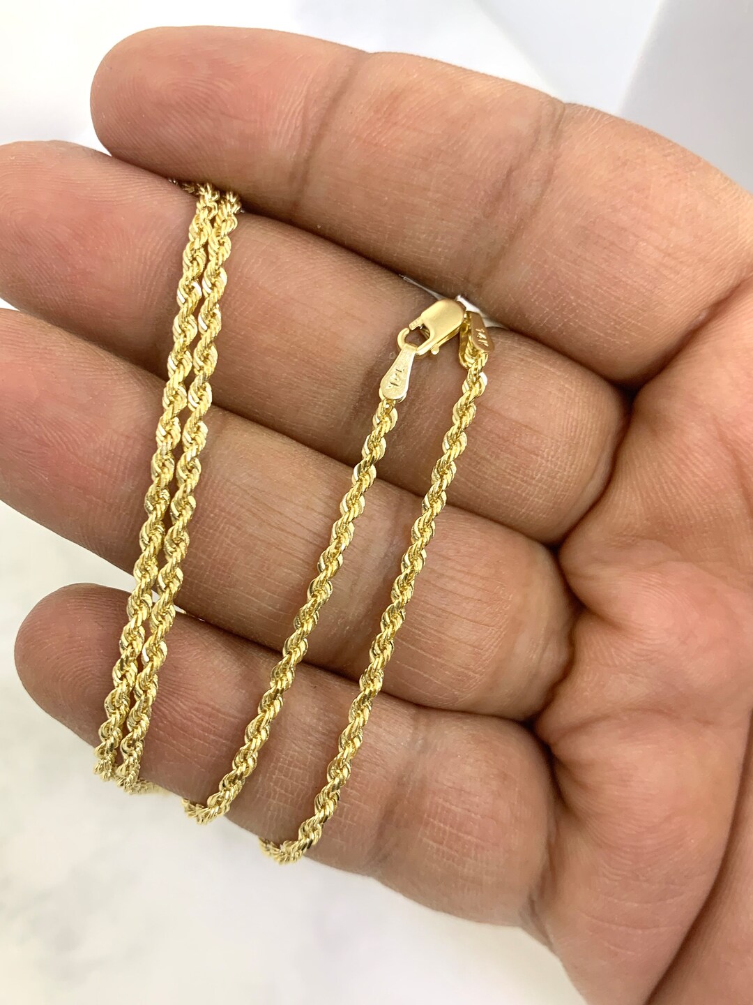 Solid Gold 14K Yellow Gold Diamond Cut Rope Chain Necklace Men Women ...