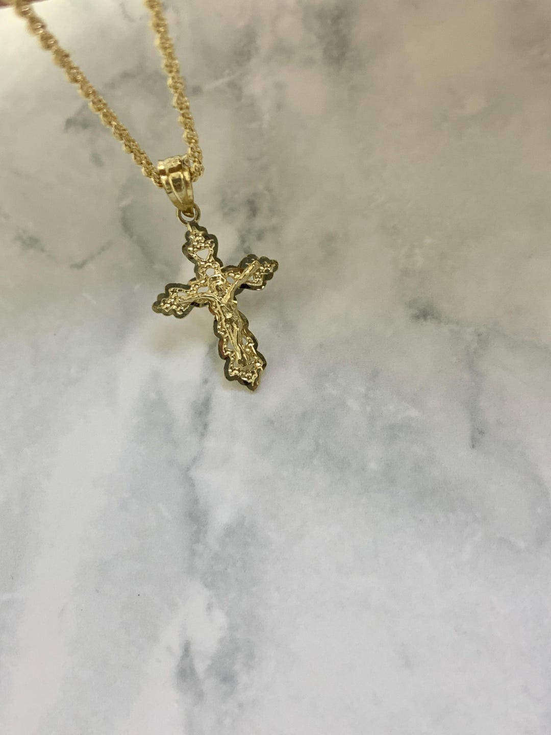 10K Solid Yellow Gold Jesus Christ Crucifix Cross Pendant With Rope ...