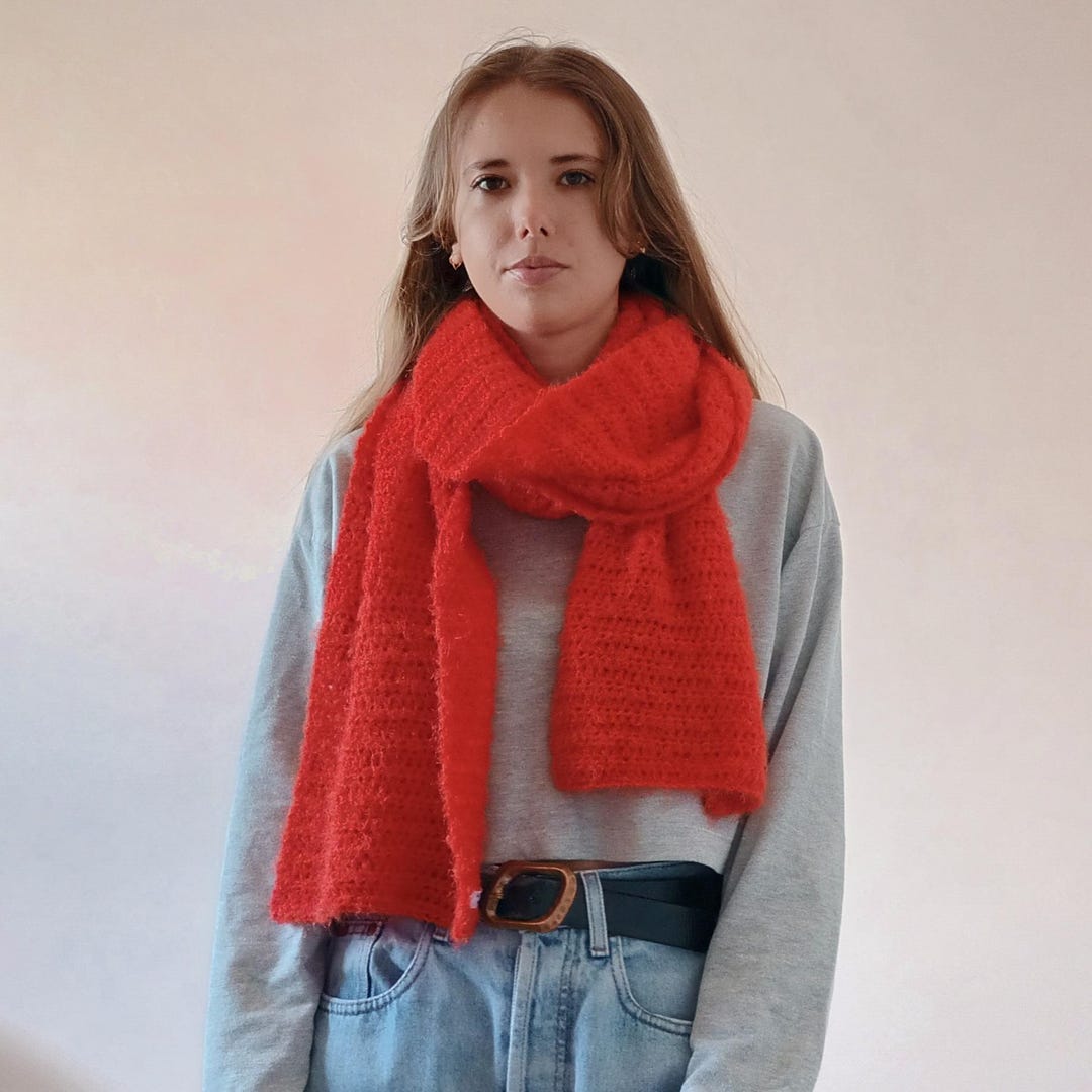 Handmade Crochet Red Soft Scarf, Crochet Knit Scarf, Handmade Orange ...