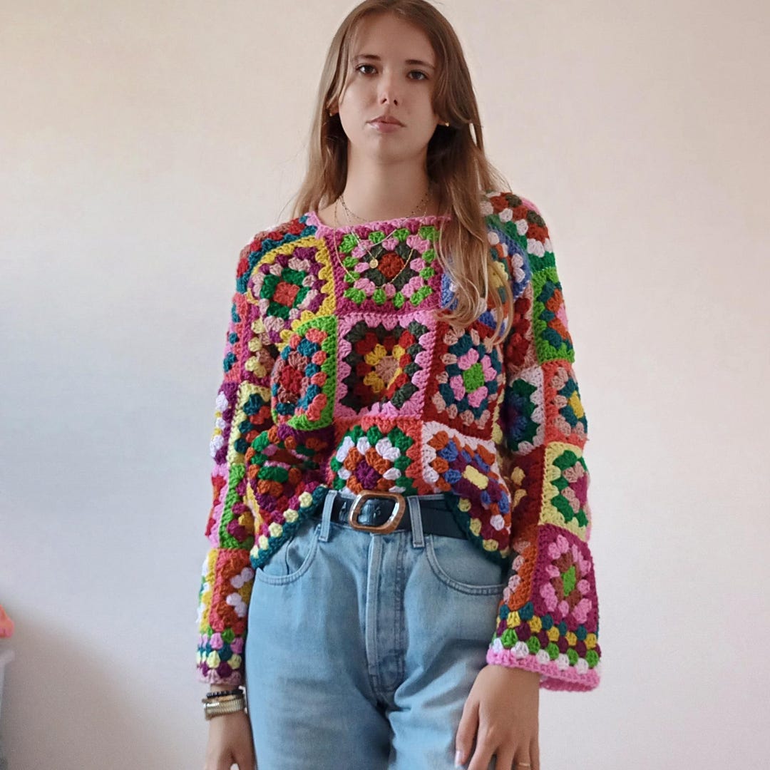 Handmade Crochet Multicolor Granny Squares Sweater, Colorful Winter ...