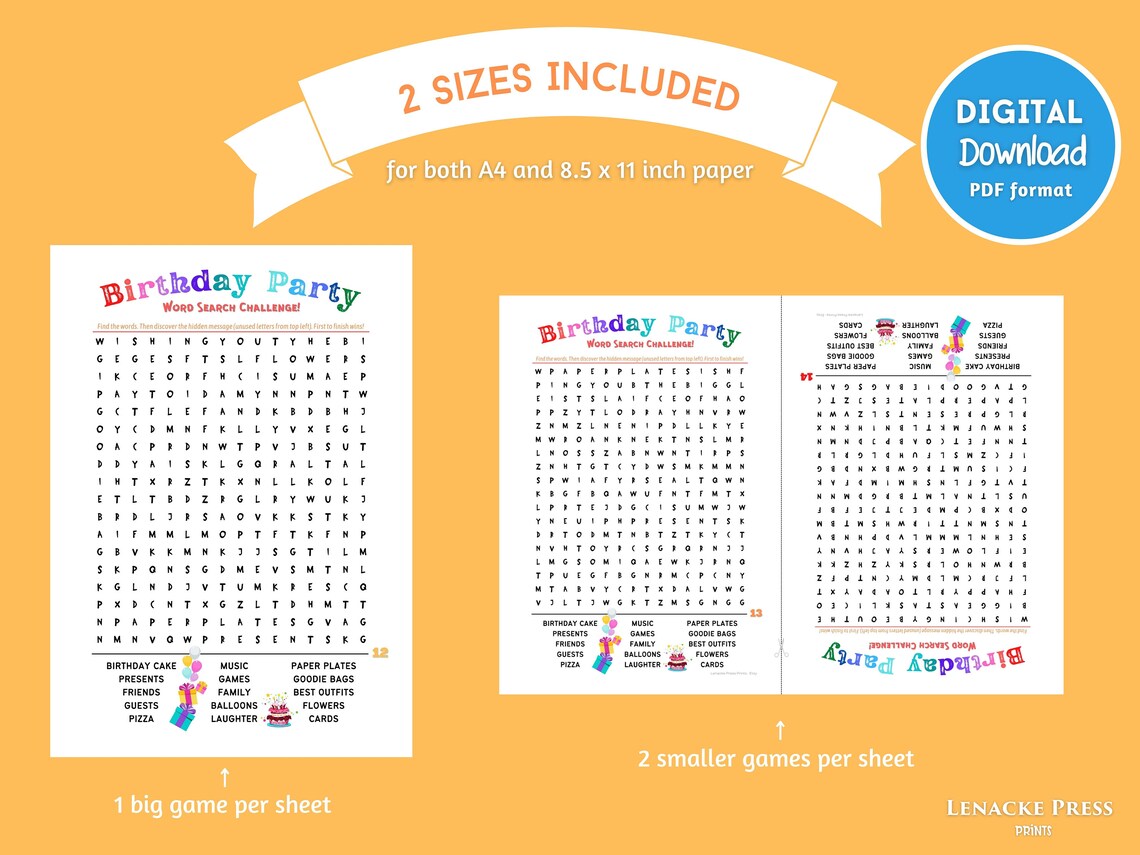 Birthday Word Search | Birthday Party Game | Birthday Party Activity ...