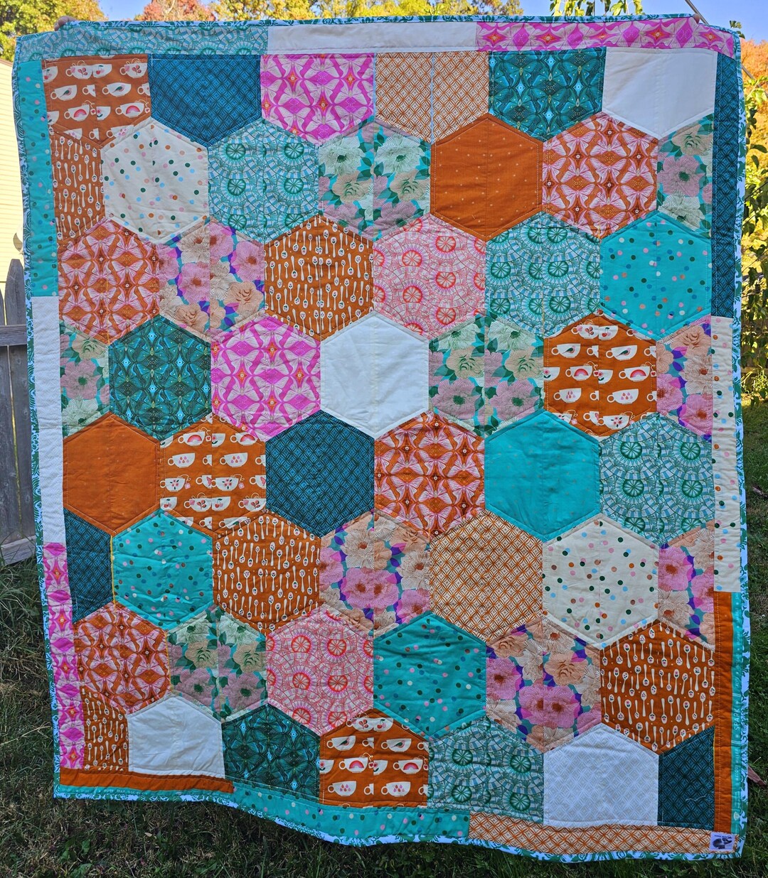 Hexagon Patchwork Throw Quilt: Floral Teacup Design, Ruby Star Society ...
