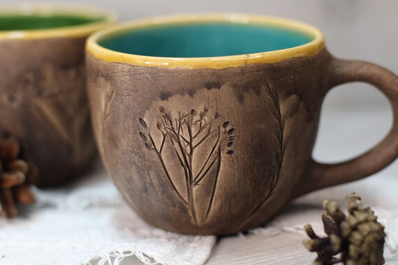 Set of 3 Cups With Enamel Rim Three Large Clay Cups Pottery | Etsy