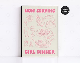 Girl Dinner Art Print Poster, Retro Kitchen Decor, Aesthetic Kitchen ...