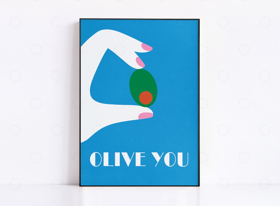 Olive You Wall Art, Blue Olive Print, Maximalist Kitchen, I Love You ...