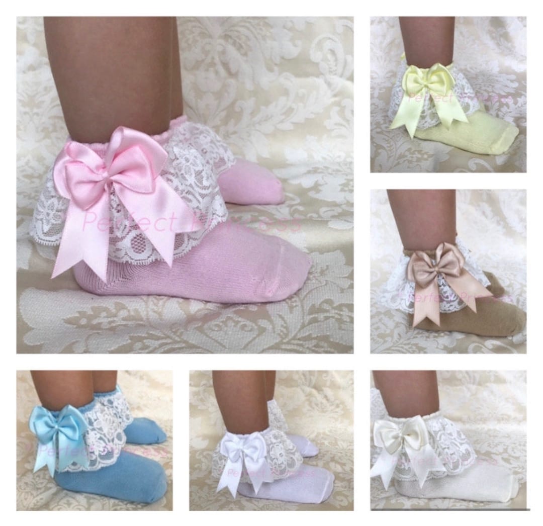 PERFECT PRINCESS Lacy Spanish Double Bow Ankle Socks. Baby/girls/school ...