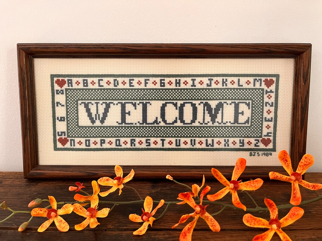 Vintage WELCOME Sampler in Cross Stitching, Framed and Under Glass Hand ...