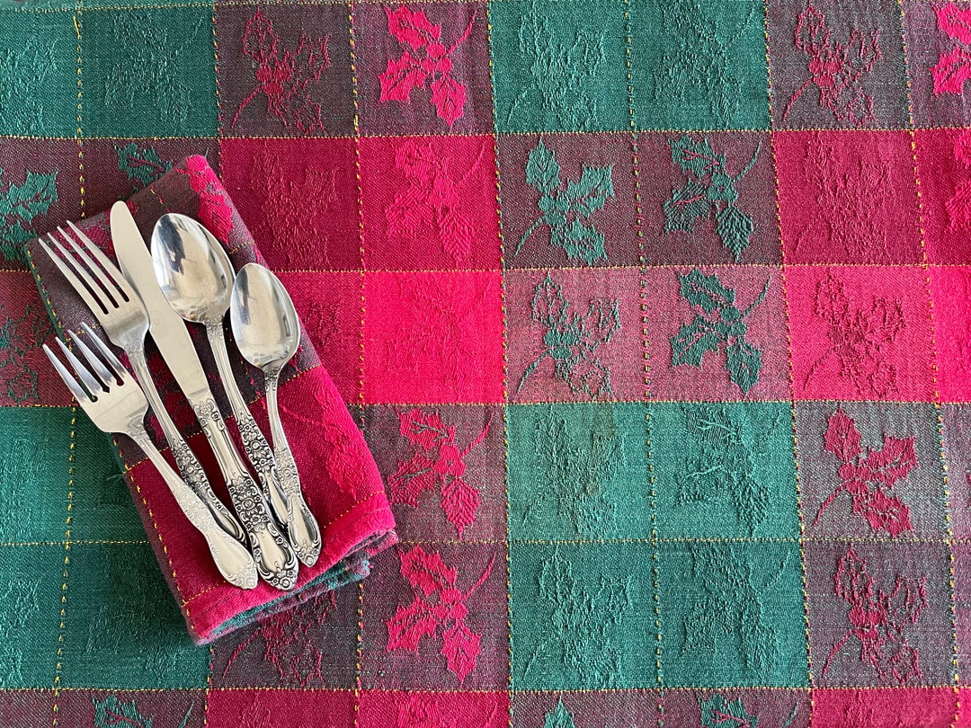 Vintage Christmas Tablecloth and Napkins, Brilliant and Muted Colors ...