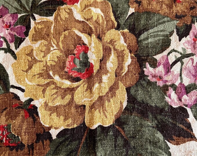 1950s Floral Linen Barkcloth Drapery Panel: Roomaker Botanical Fabric ...