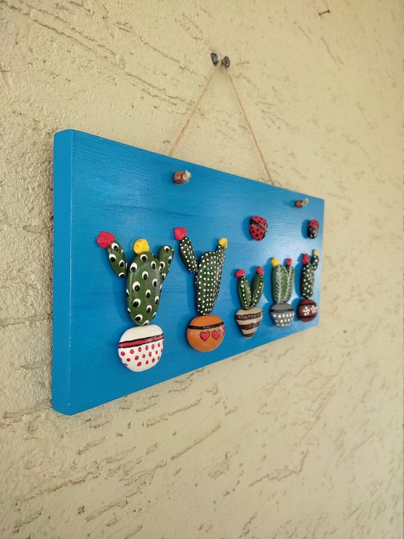 Wooden Key Holder for Wall Stone Painting Cactus Pebble - Etsy