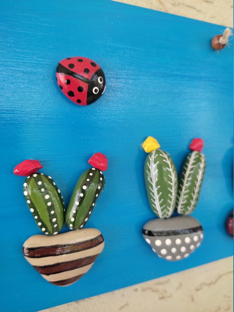 Wooden Key Holder for Wall, Stone Painting Cactus, Pebble Picture on ...
