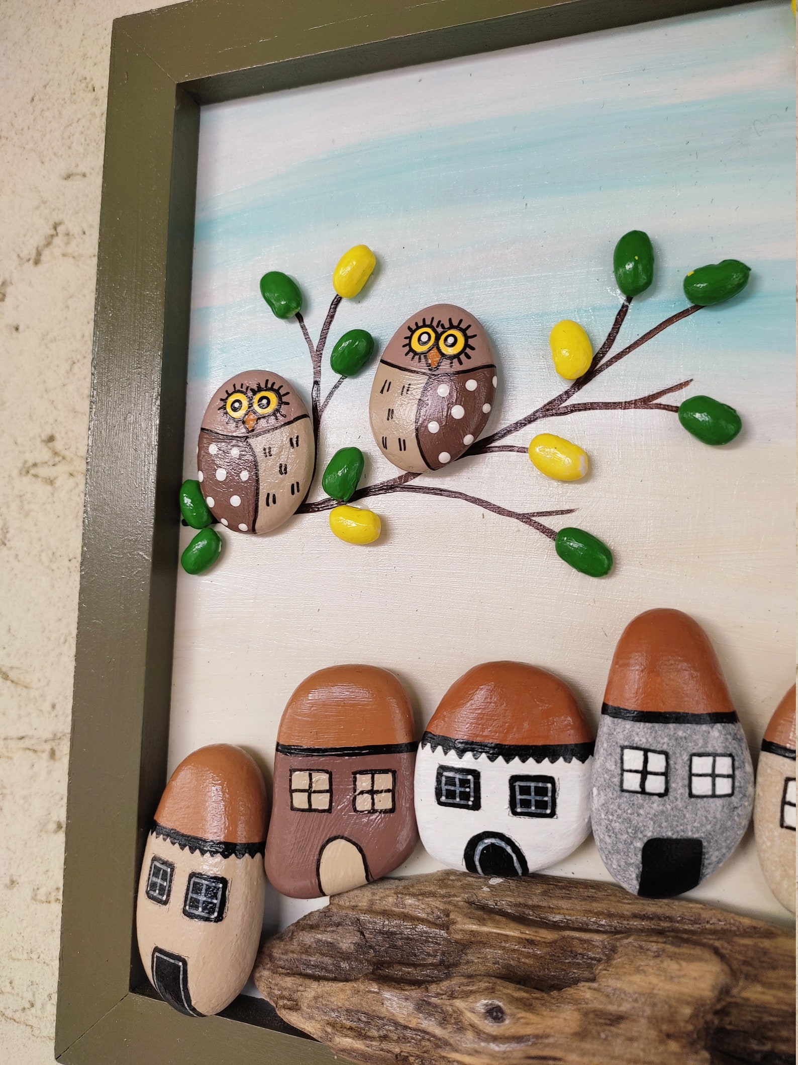 Pebble Art Picture With Rustic Houses, Stone Painting Desk Decor ...