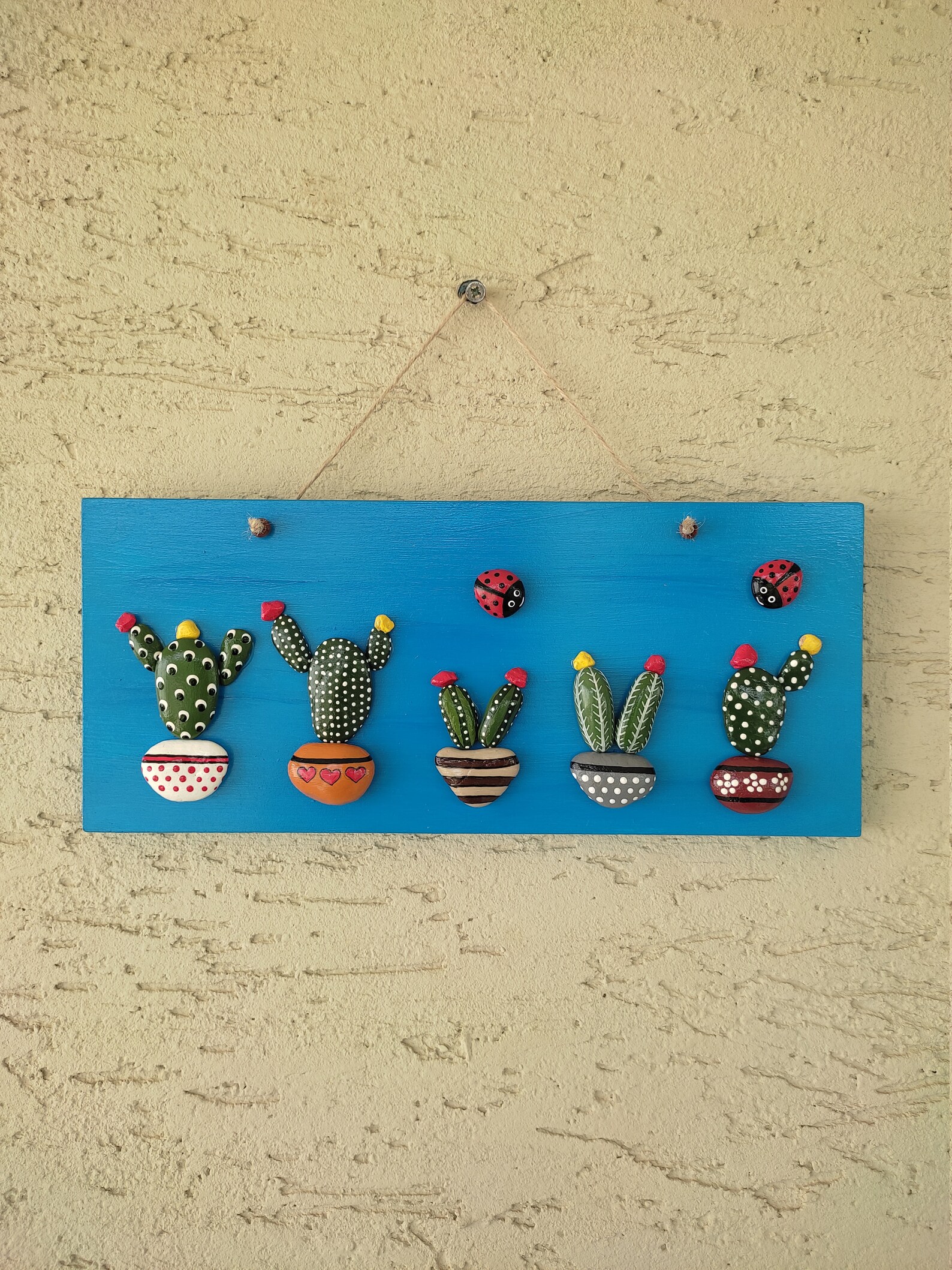 Wooden Key Holder for Wall, Stone Painting Cactus, Pebble Picture on ...