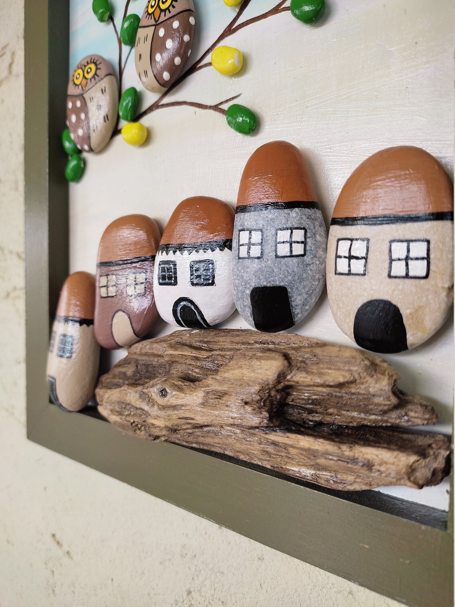 Pebble Art Picture With Rustic Houses, Stone Painting Desk Decor ...