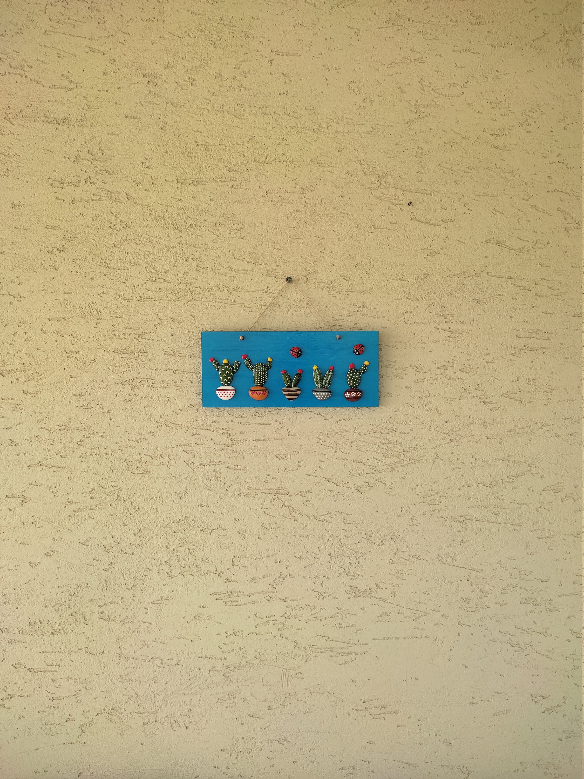 Wooden Key Holder for Wall, Stone Painting Cactus, Pebble Picture on ...