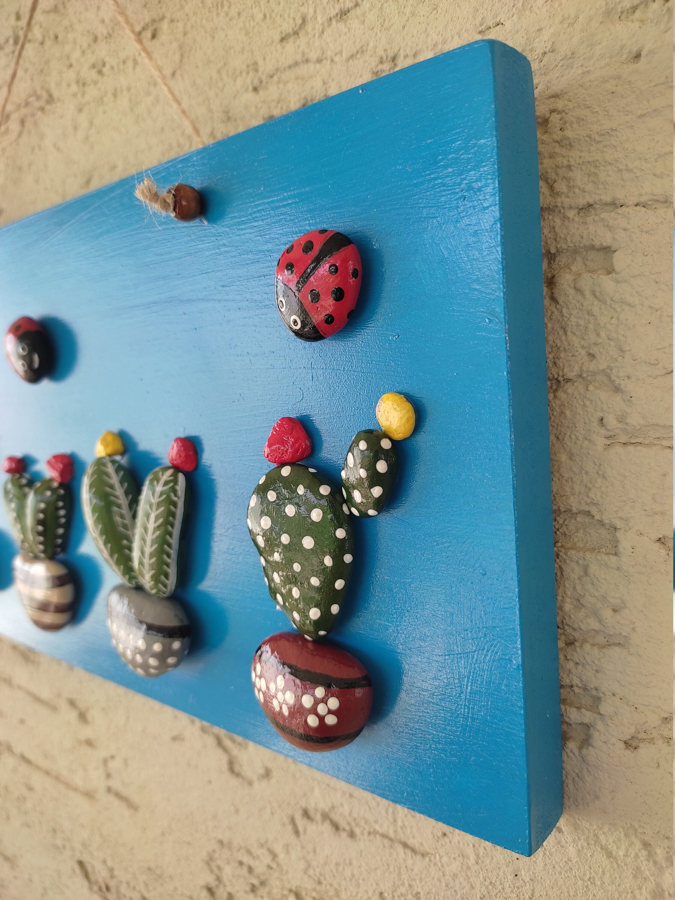 Wooden Key Holder for Wall, Stone Painting Cactus, Pebble Picture on ...