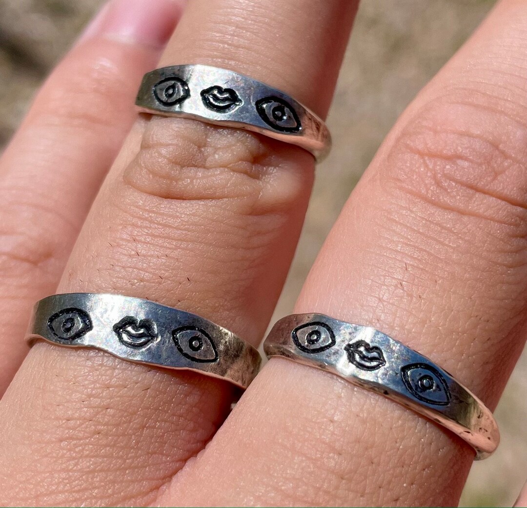 Cute Hand Stamped Eyes & Lips (face) Sterling Silver Ring - Etsy